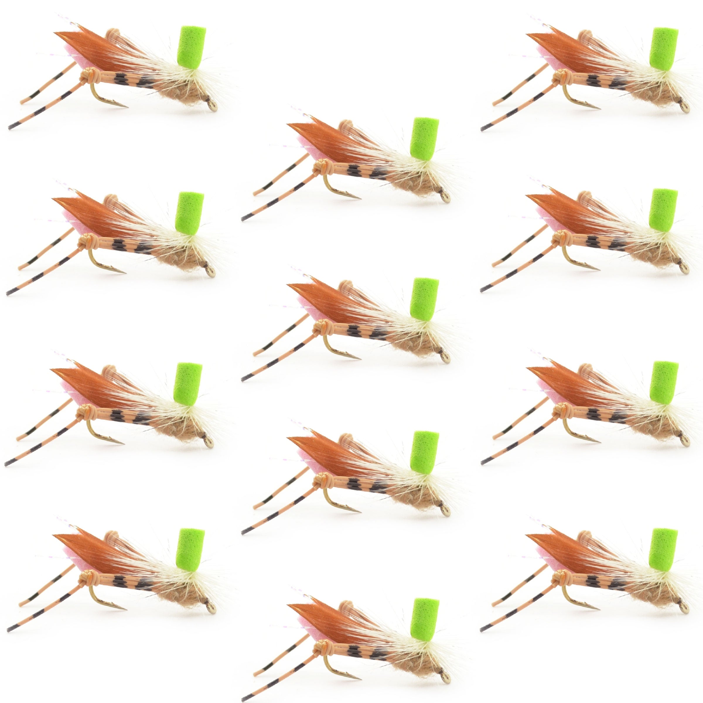 Green Top Hopper Foam Body Grasshopper Fly - 1 Dozen Flies Hook Size 1 ...